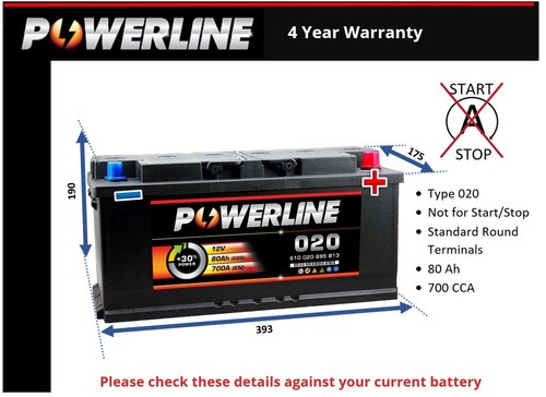 Car Battery 020 Powerline 020 700A 80Ah 4Yr Warranty 393x175x190 | eBay UK