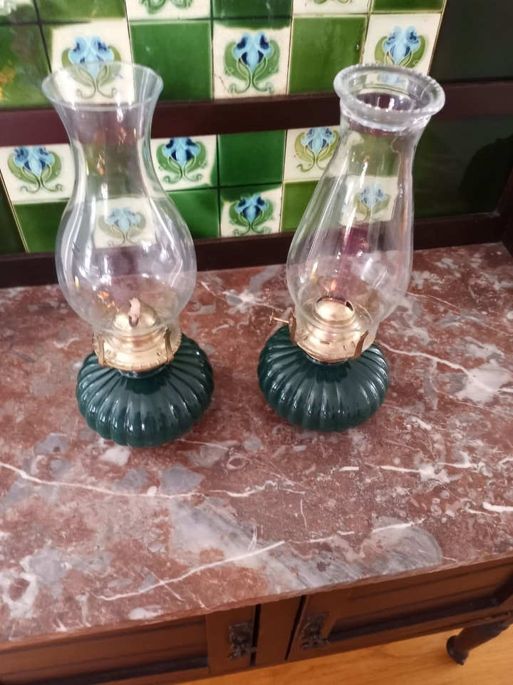 GREEN ribbed FARM Light oil lamps (2) | eBay