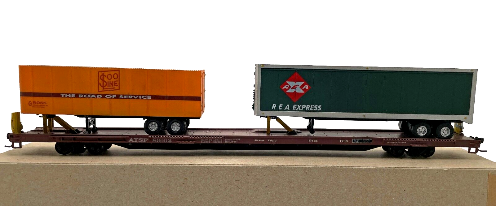HO ATHEARN 2005 86 FT FLAT CAR WITH 2 TRAILERS SOO REA SANTA FE ATSF ...