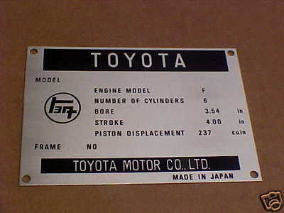 TOYOTA Vintage Data Plate acid etched aluminum | eBay