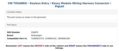 VW TOUAREG - Keyless Entry / Kessy Module Wiring Harness Connector ...