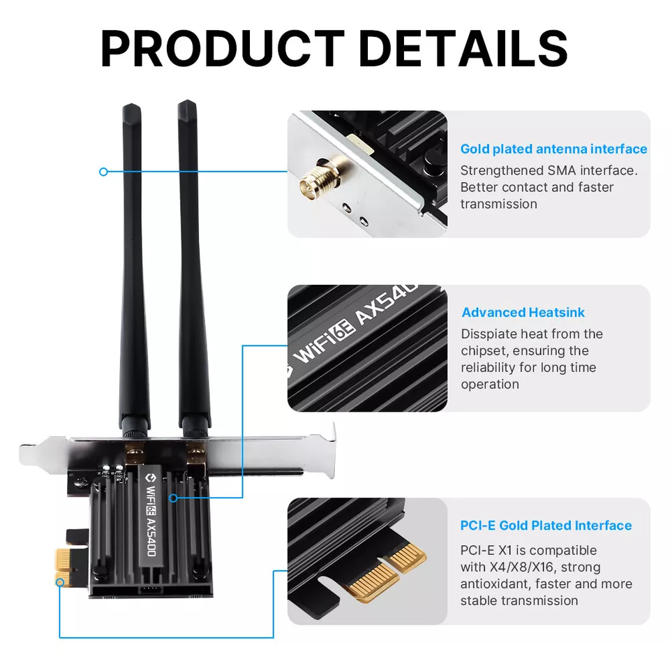 WiFi 6E PCI-E Card AX5400 Bluetooth 5.3 802.11ax Tri-Band 2.4G/5G/6G ...