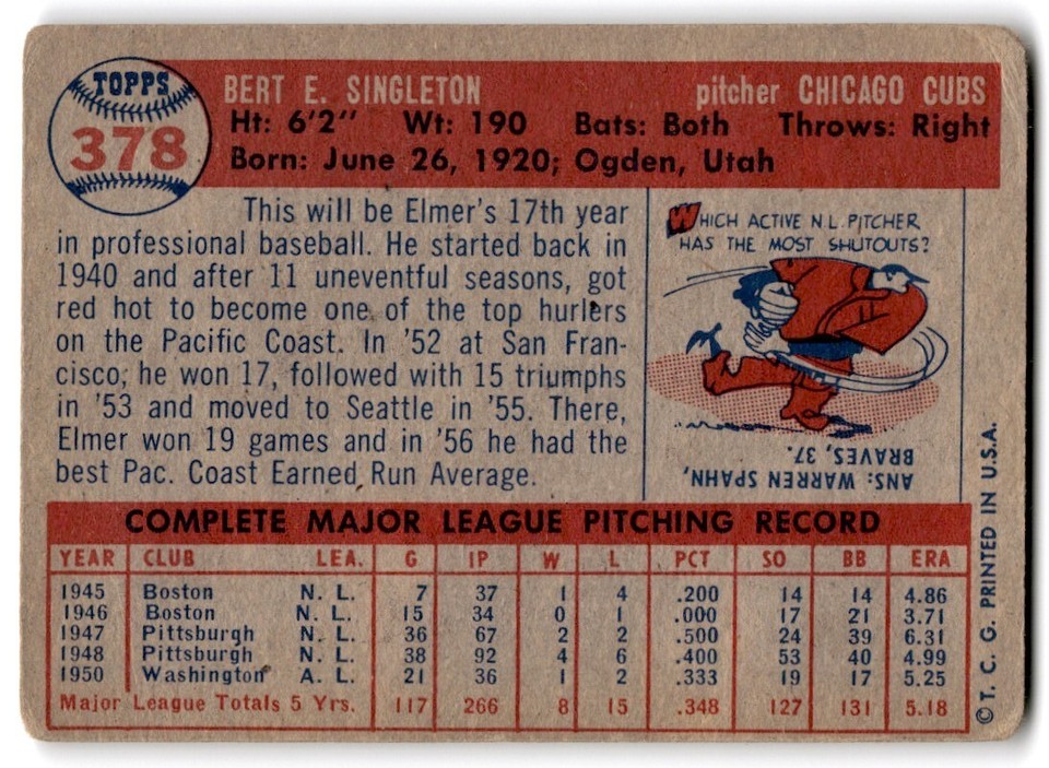 1957 Topps Elmer Singleton Chicago Cubs #378 | eBay