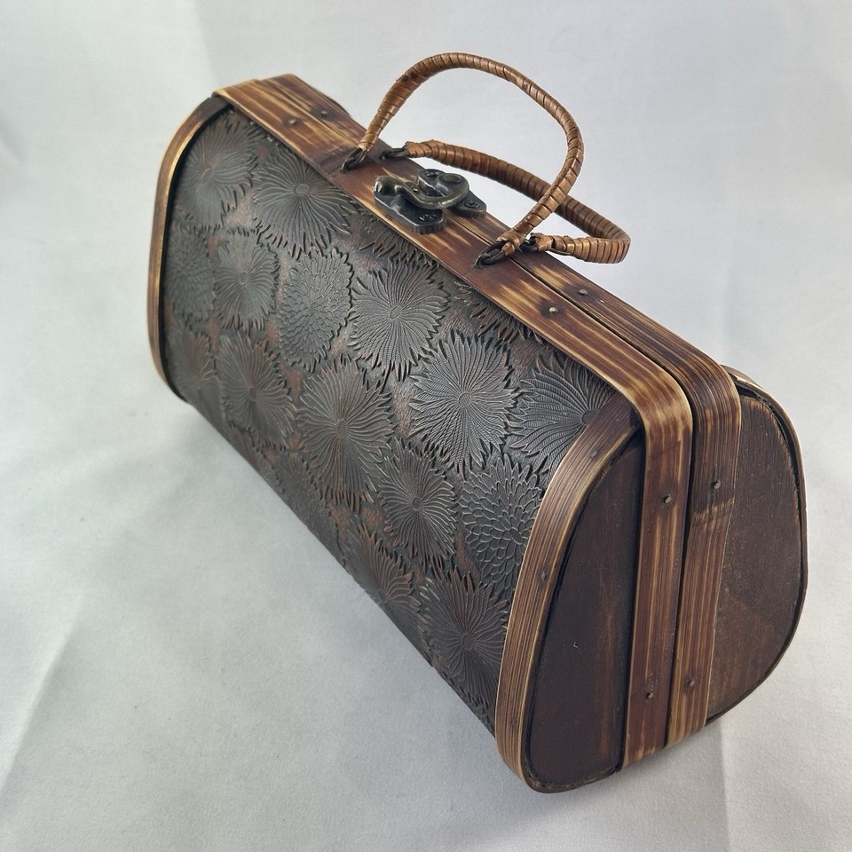 Vintage Wooden Purse Box Embossed Floral Design Bamboo Trim Rattan ...