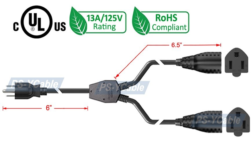 2-Way AC Power Y Splitter Cord - Save AC Outlet Space For Large AC ...