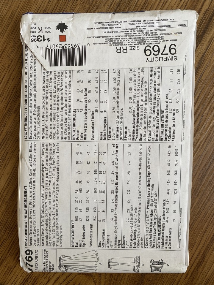 Simplicity Pattern 9769 MISSES' Authentic CIVIL WAR UNDERGARMENTS Sz 14 ...