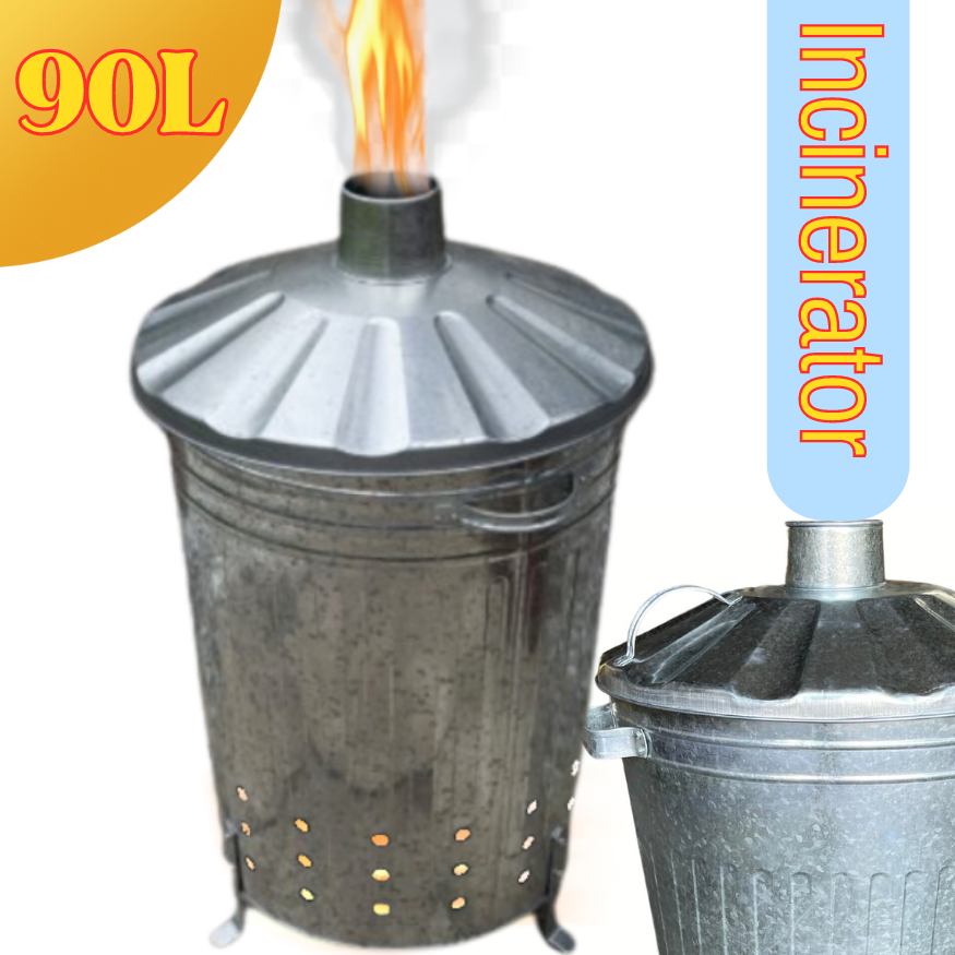 90L GALVANIZED INCINERATOR GARDEN RUBBISH FIRE BIN PAPER LEAF WOOD ...