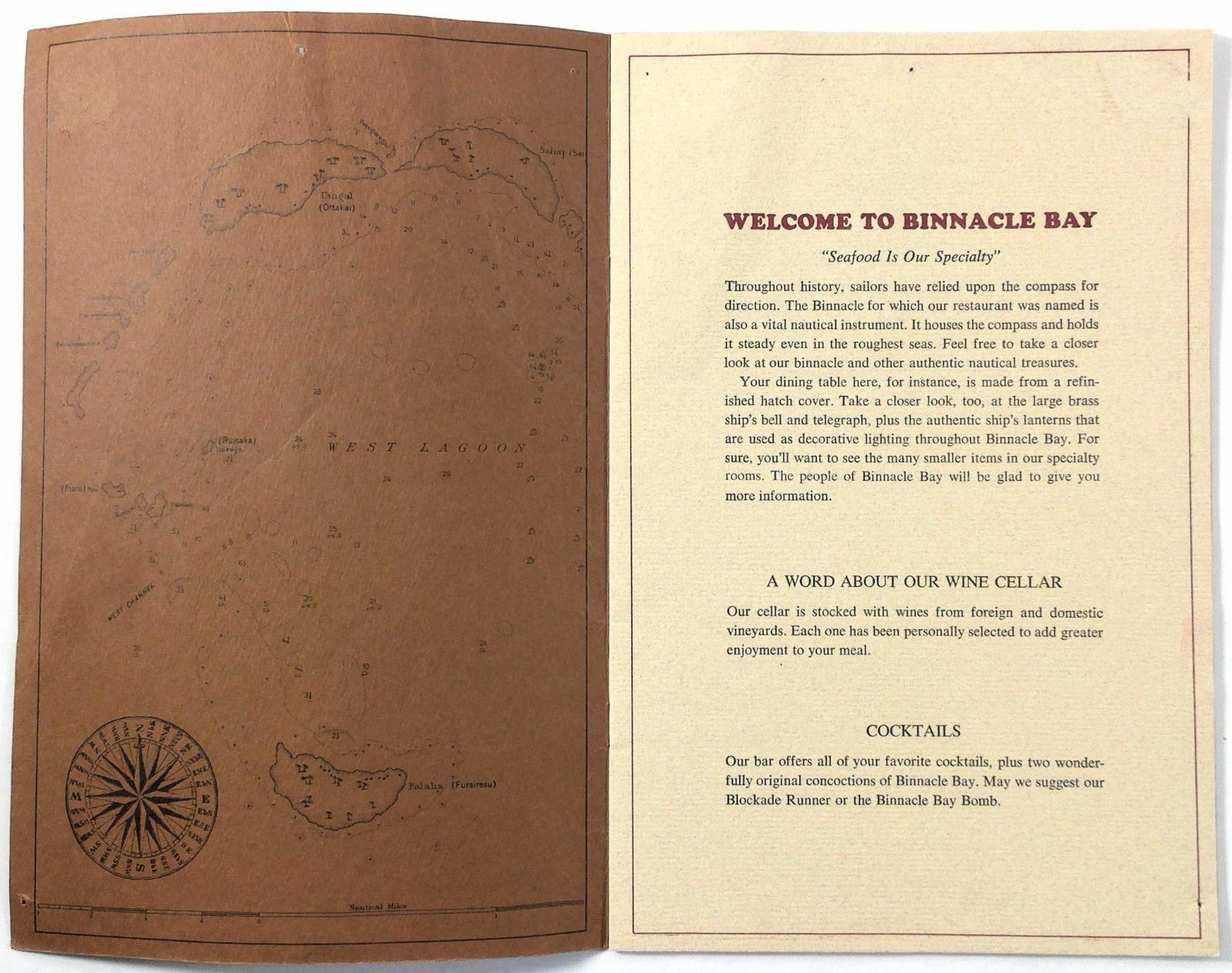 1960's Vintage Galley Notes Menu BINNACLE BAY Restaurant Underground ...