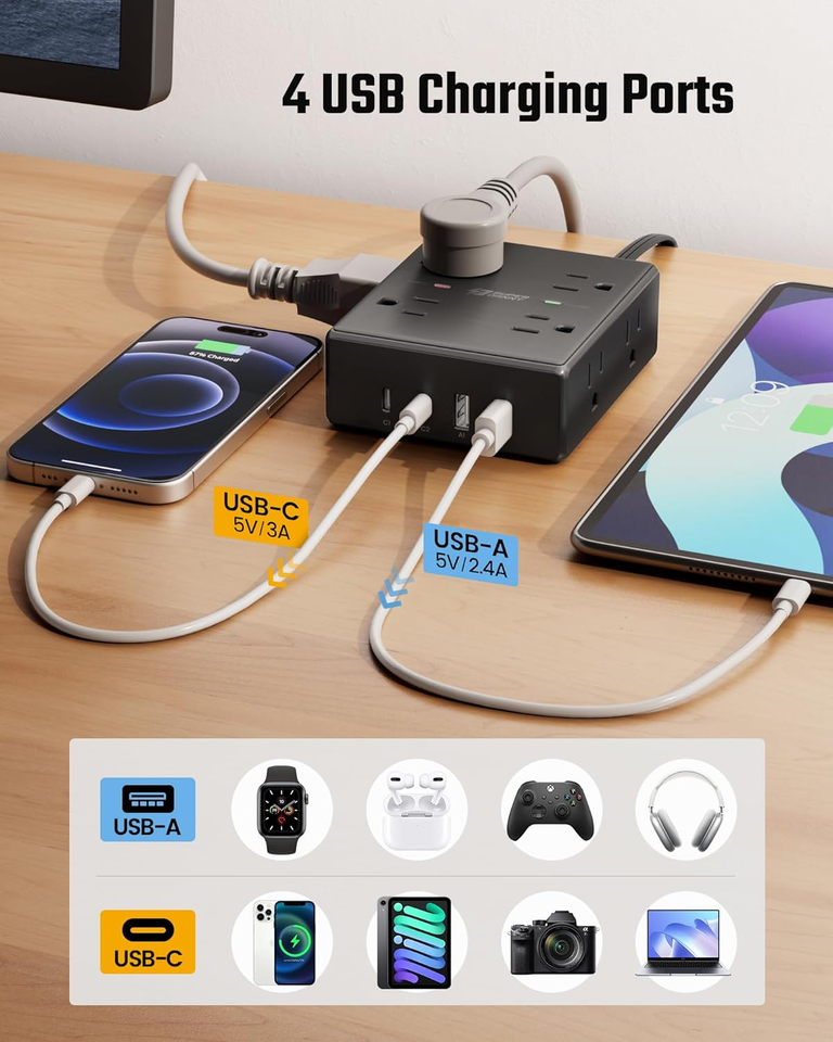 20Ft Long Extension Cord, Flat Plug Power Strip Surge Protector,8 ...