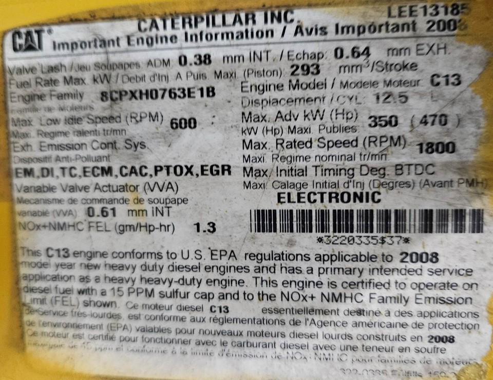 2008 Caterpillar C13 ACERT Diesel Engine, LEE, 470HP Used Tested w ...