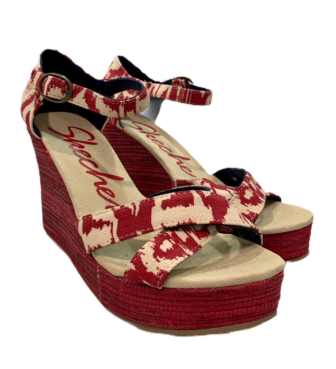 Skechers Bomb Shell Wedge Heels Sandals Size 8 Red Ikat Print | eBay