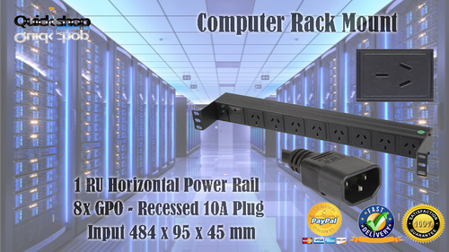 1RU Horizontal Power Rail 8x GPO - Recessed 10A Plug Input 484 x 95 x ...