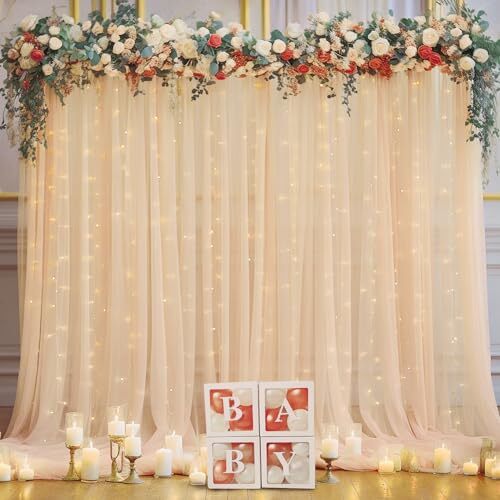 10×10ft Champagne Tulle Backdrop Curtain with Lights String for Parites ...
