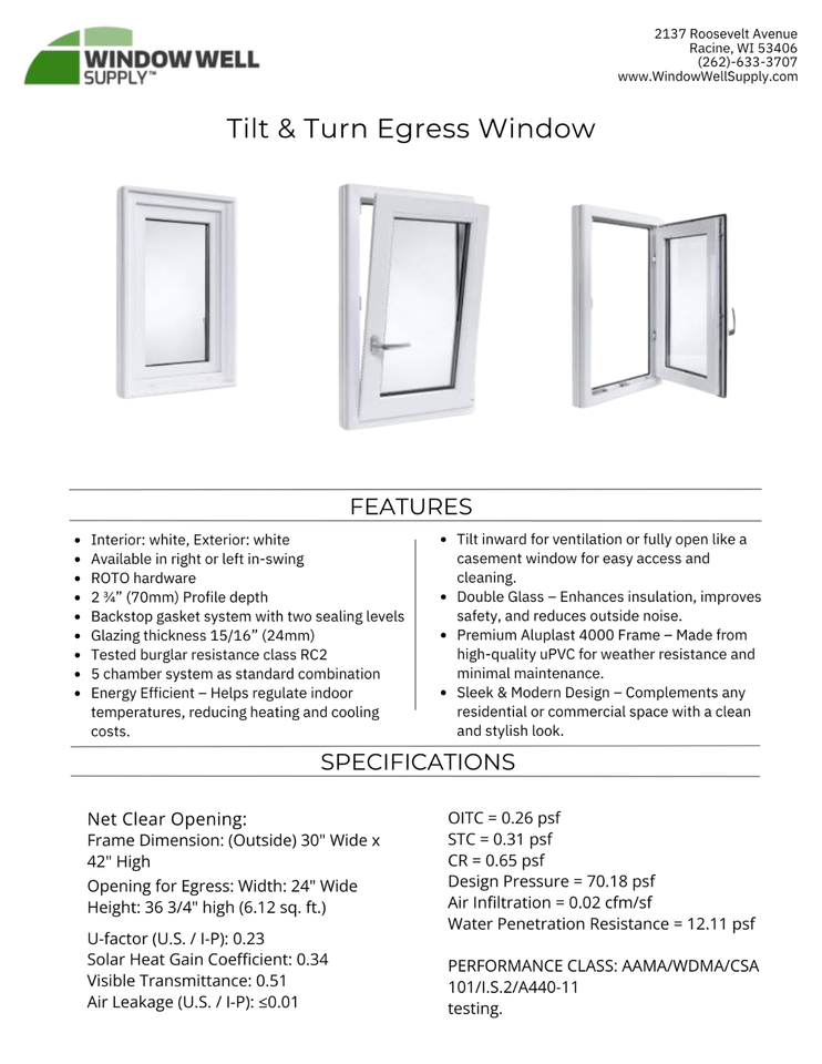 Tilt & Turn, Basement Egress Window, In-swing, White | eBay