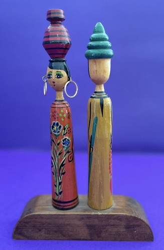 Egyptian Folk Art Wooden Spindle Dolls Hand Painted Women & Man on ...