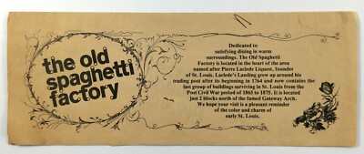 1990's Vintage Menu OLD SPAGHETTI FACTORY Restaurant St. Louis Missouri ...