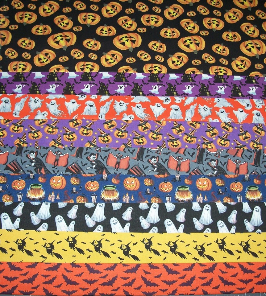 9 Halloween Fat Quarters Bundle Fabric Cotton Pumpkin Ghost vampire bat ...