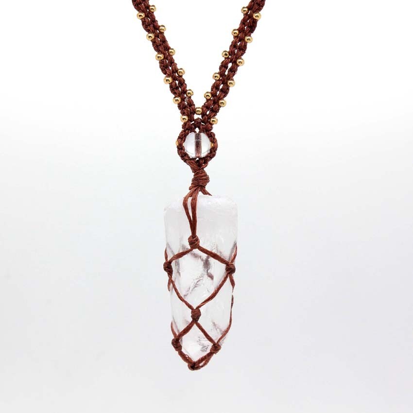 Natural Raw Rock Crystal Pillar Stone Pendant Handmade Braided Macrame ...