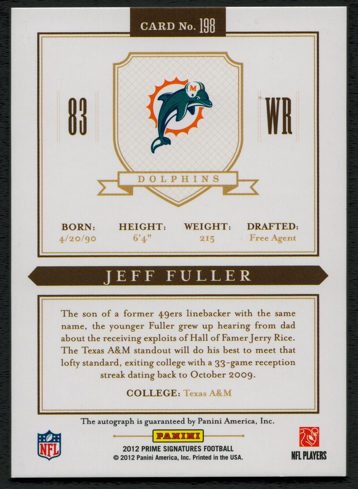 Jeff Fuller 2012 Prime Signatures Rookie AUTOGRAPH 198 Dolphins Auto RC ...