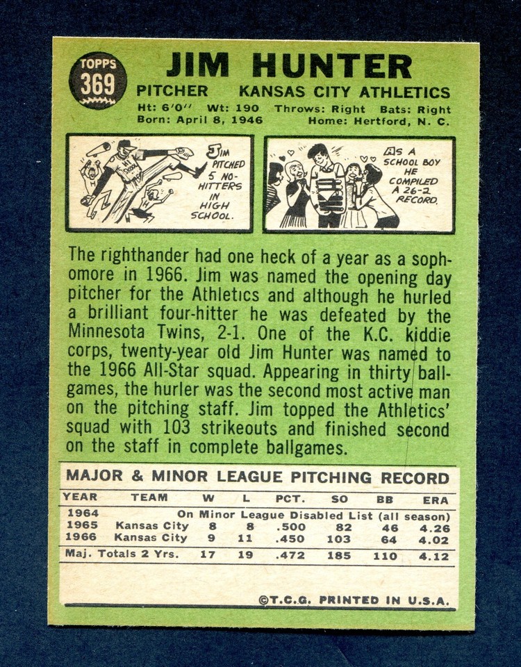 1967 Topps #369 Jim "Catfish" Hunter - Kansas City Athletics MINT | eBay