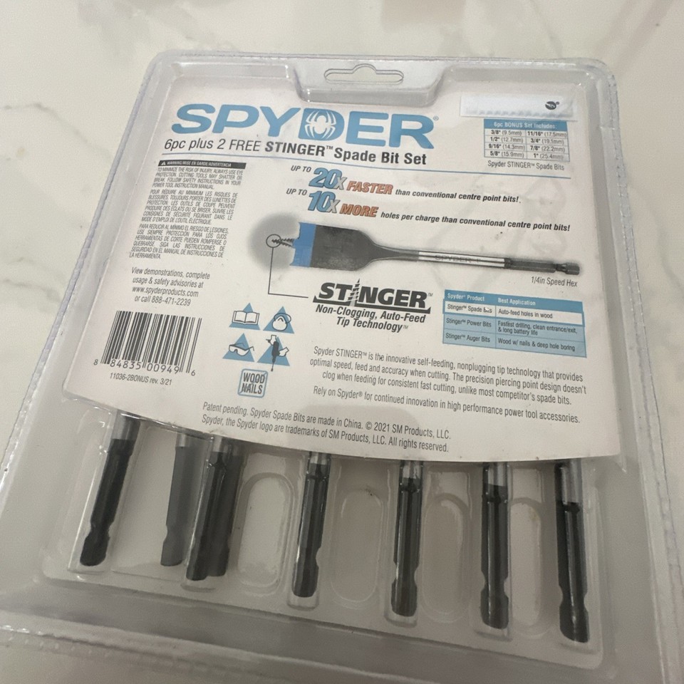 Spyder Stinger 8 Pc. Assorted 6-in Woodboring Spade Drill Bit Set 1/4 ...