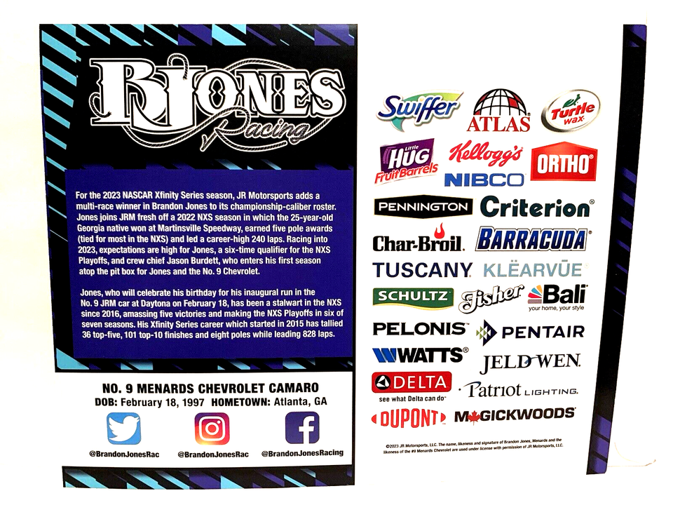 2023 BRANDON JONES JR MTSPRTS #9 MENARDS/CHEEZ-IT CAMARO XFINITY NASCAR ...