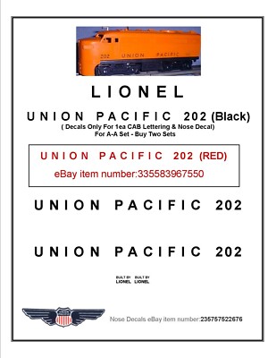 UP 202 Lionel Repro Alco Diesel "A" Unit Black "Water Slide Decal Kit ...