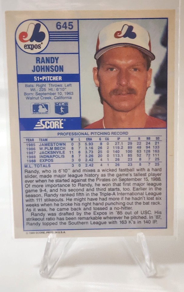 🔥 Randy Johnson Rookie 1989 Score #645 Montreal Expos RC MLB HALL FAME ...