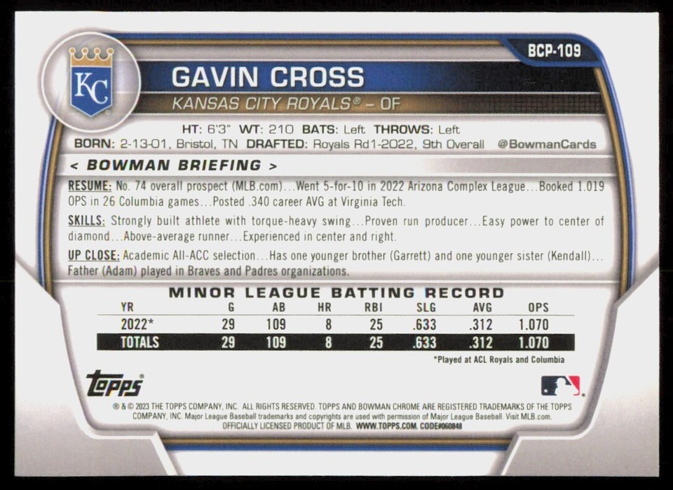 2023 Sapphire Edition Gavin Cross Kansas City Royals #BCP-109 | eBay