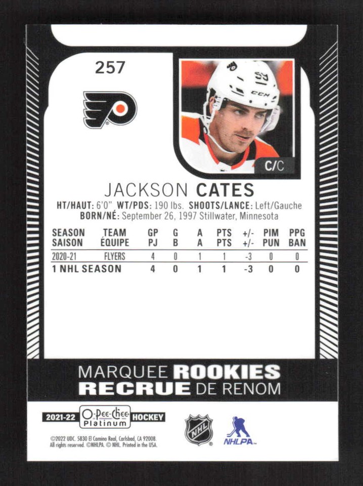 Jackson Cates RC 2021 O-Pee-Chee Platinum Marquee Rookies Flyers #257 ...