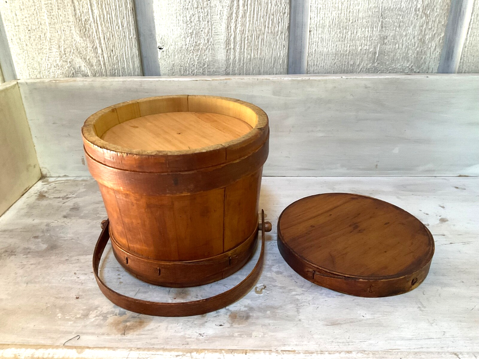 Antique primitive small 6-1/2" Wooden Firkin Sugar Bucket w/swing ...
