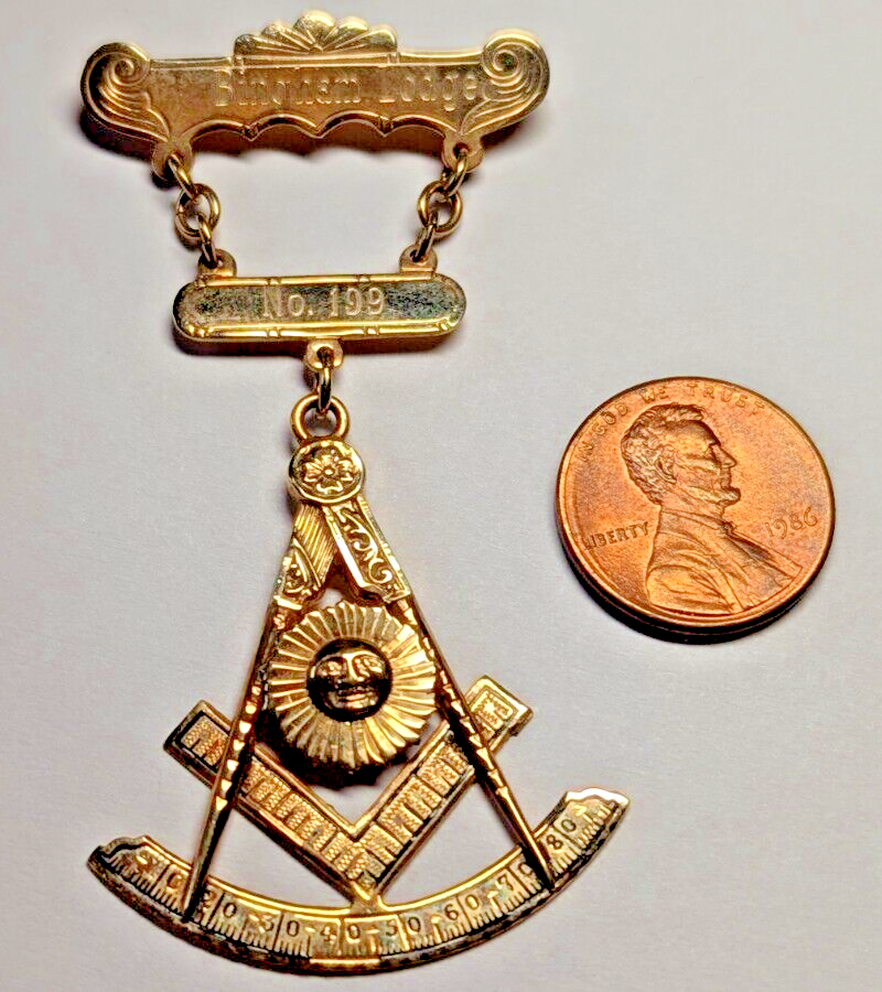 MASONIC 10K SOLID YELLOW GOLD RULER COMPASS MEDAL BADGE PIN BINGHAM ...