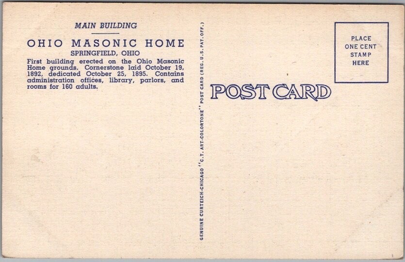 Springfield, Ohio Postcard "OHIO MASONIC HOME - Main Building" Linen ...