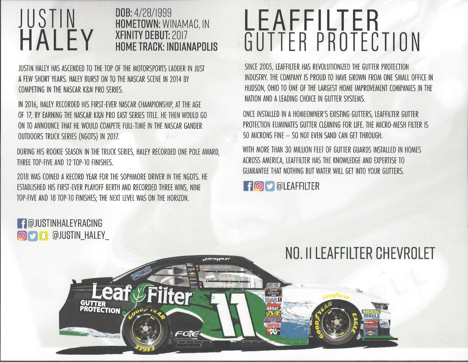 2019 JUSTIN HALEY "LEAF FILTER" #11 NASCAR XFINITY SERIES POSTCARD | eBay