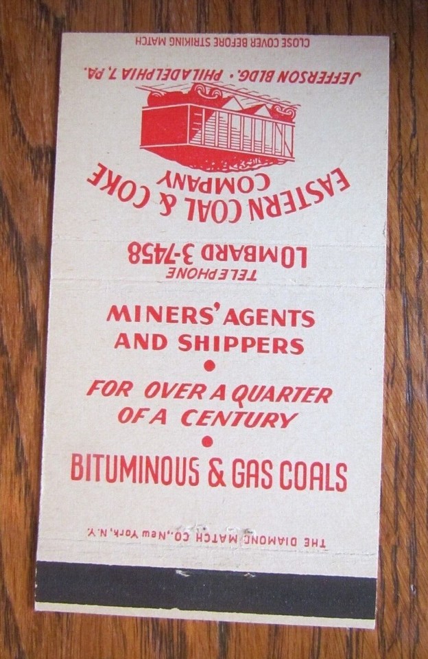 PERFECT 36 MATCHBOOK COVER: EASTERN COAL & COKE (PHILADELPHIA, PA) 1948 ...