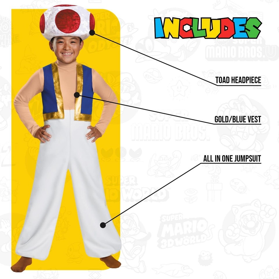 Toad Deluxe Costume Nintendo Super Mario Bros Small 4-6 Kids Halloween ...