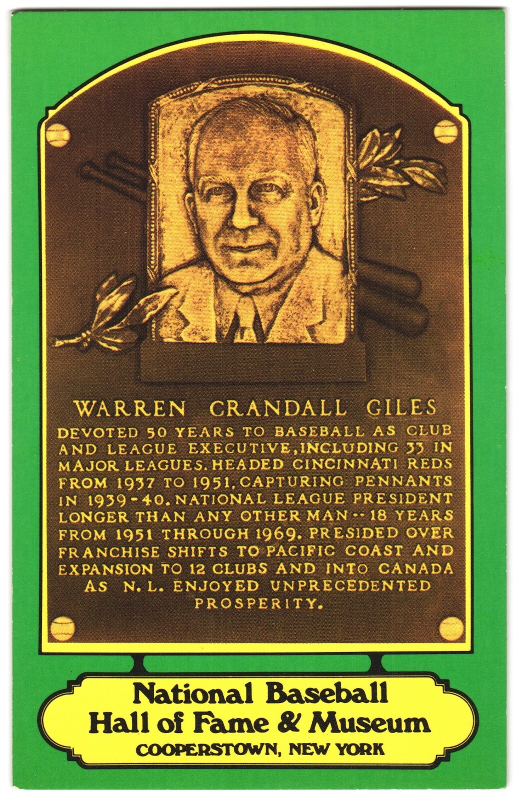 Warren Giles Green Hall of Fame MLB Plaque Postcard Un-Posted | eBay