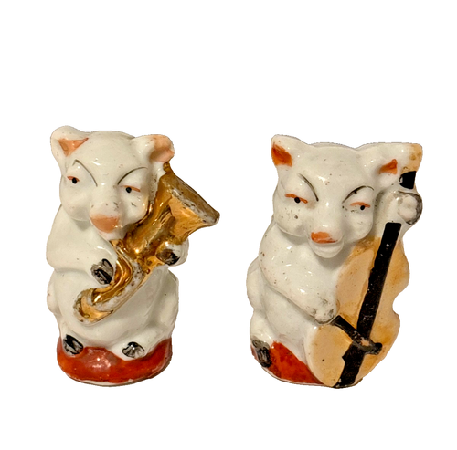 2 QTY Vintage PIG playing Musical Instrument Porcelain Figurine Japan ...