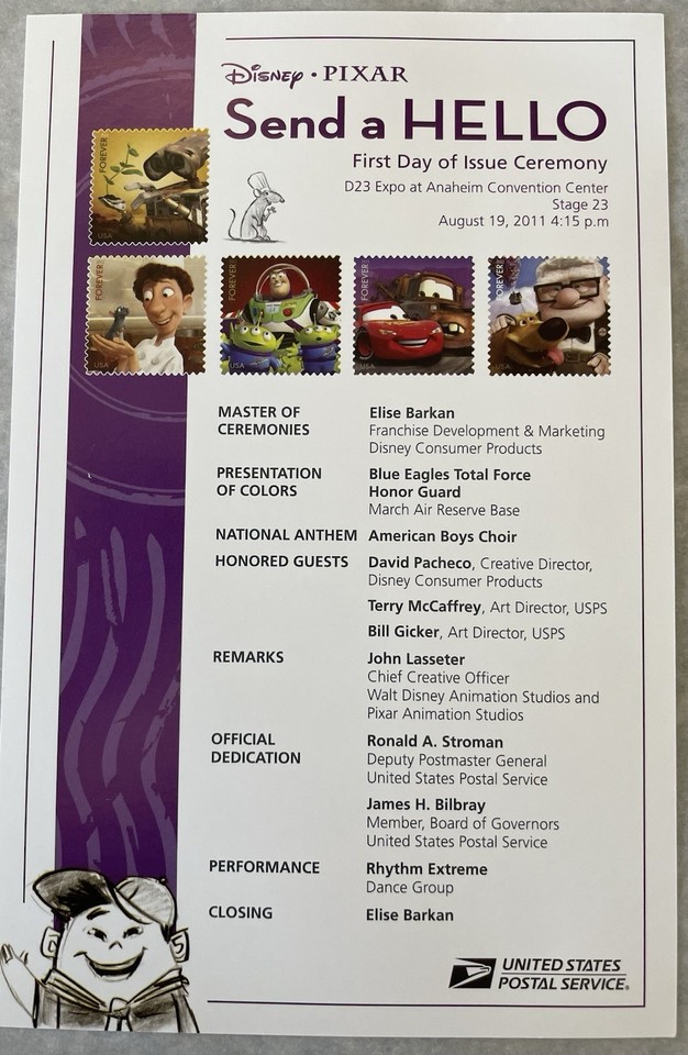Disney Pixar "Send a Hello" First Day of Issue Ceremony Program w ...