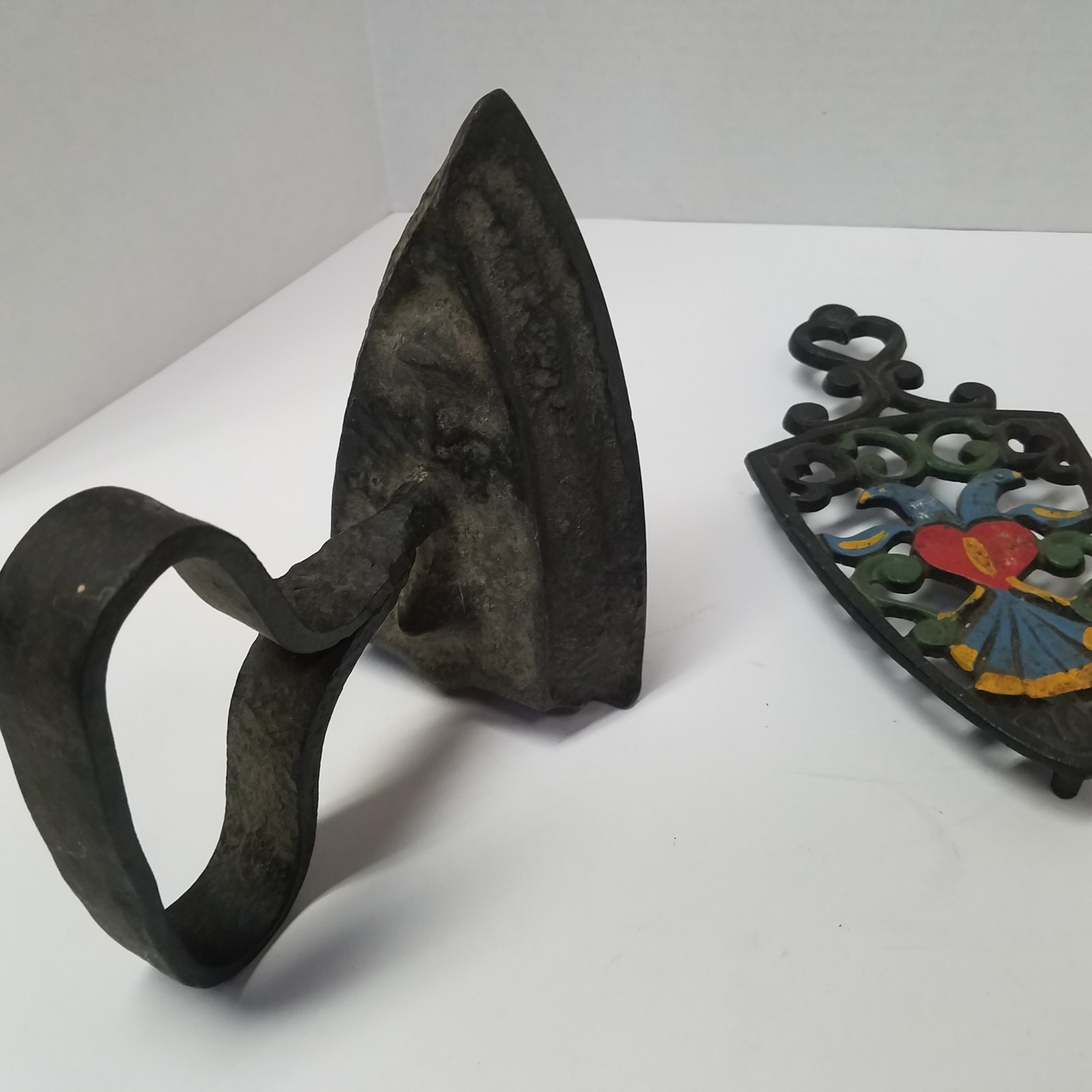 Antique Cast Iron Clothing Iron With Ornate Trivet For Iron To Sit On ...