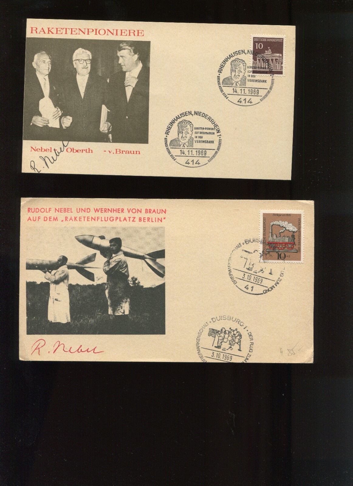 2 ROCKET PIONEER RUDOLF NEBEL SIGNED GERMAN COMMEMORATIVE CARDS (925 D ...
