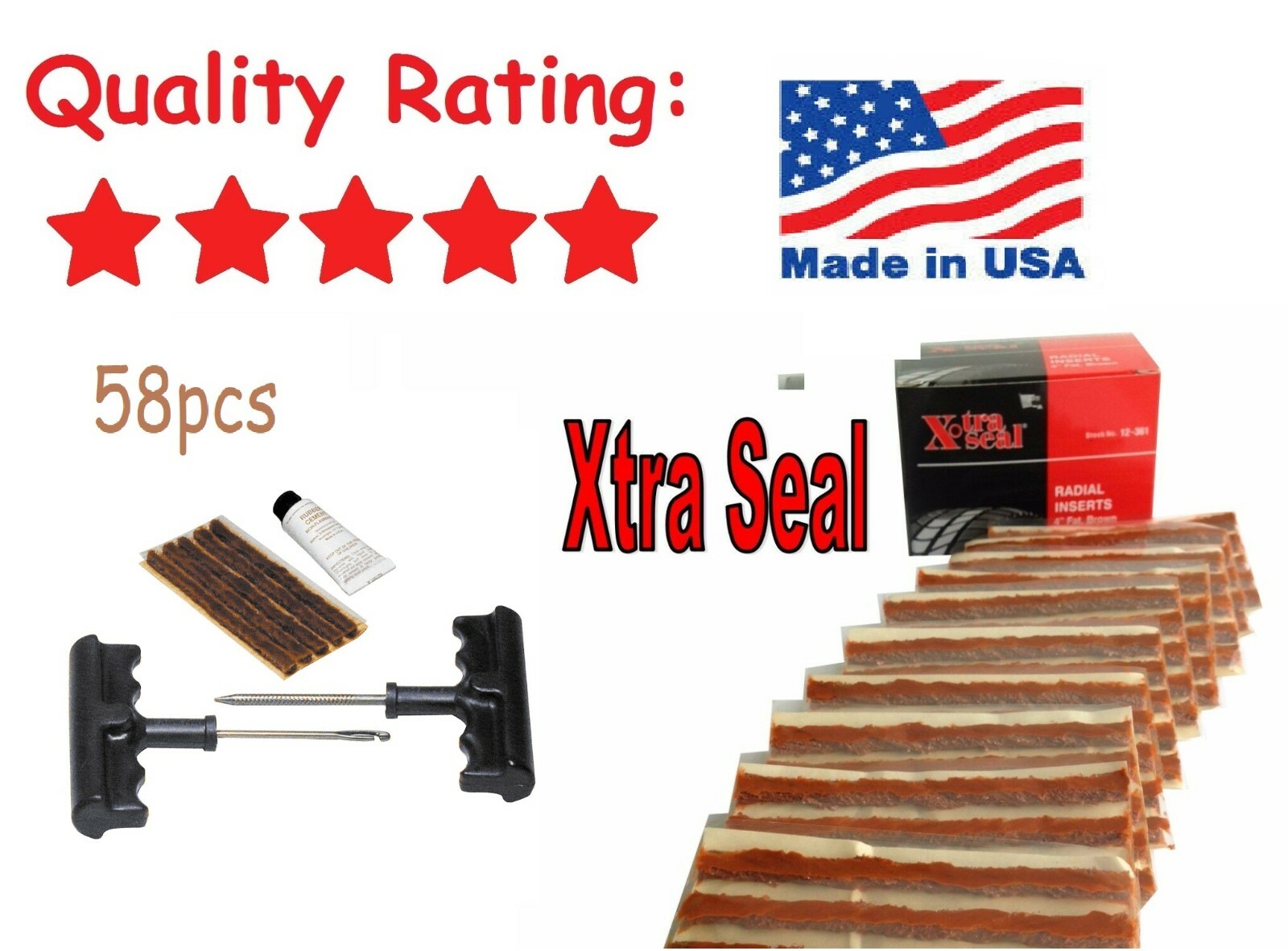 58pcs USA Xtra Seal Tire Repair Tool Kit Case Plug Needle Flat Insert ...