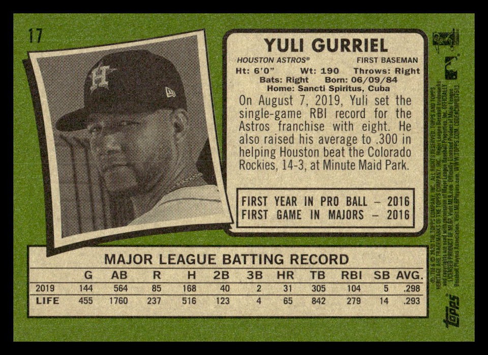 2020 Topps Heritage #17 Yuli Gurriel Houston Astros | eBay