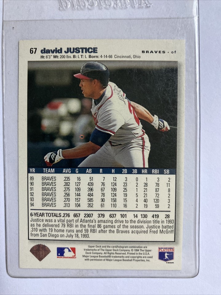 1995 Collectors Choice SE Baseball Card #67 David Justice Atlanta ...