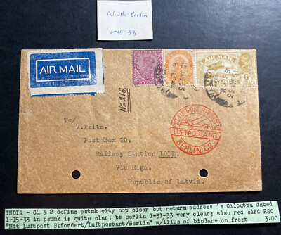 1933 Calcutta India Early Early Airmail cover To Lode Latvia Via Berlin ...