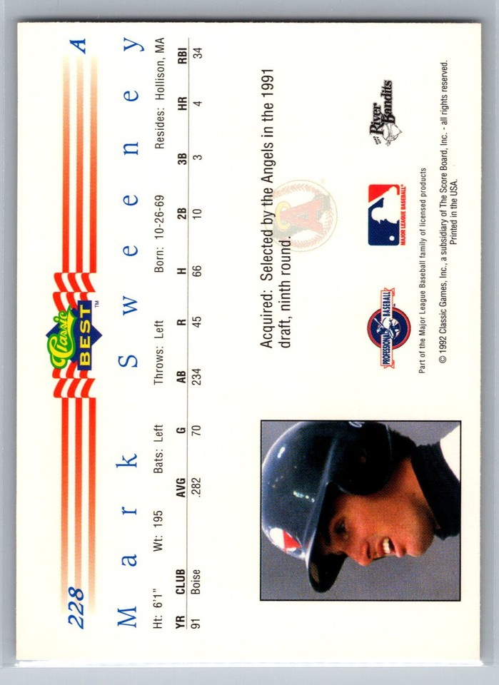Mark Sweeney 1992 Classic Best Set Break BASEBALL #228 Quad City River ...