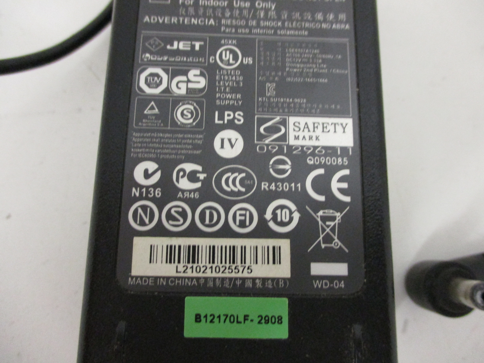 LI SHIN INTERNATIONAL ENTERPRISE LSE0107A1240 AC ADAPTER POWER SUPPLY ...