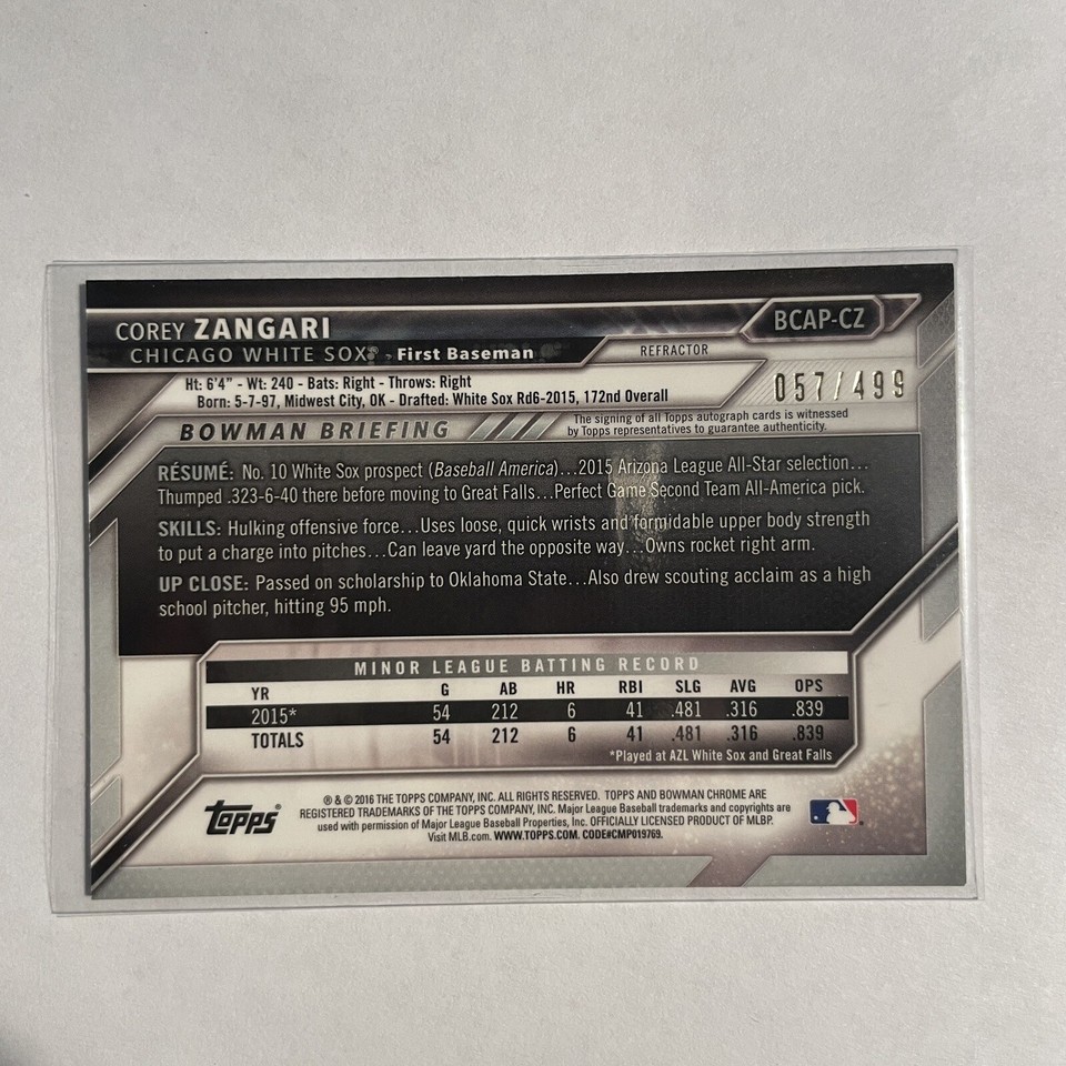 2016 Bowman Refractor /499 Prospects Auto Corey Zangari #BCAP-CZ Auto ...