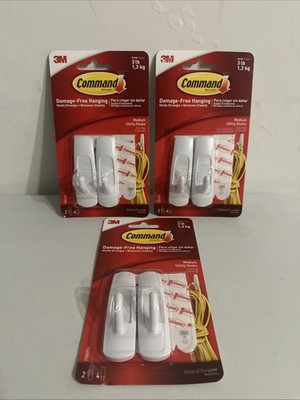 Command Medium Utility Hooks-3 lb Cap White 2 Hooks and 4 Strips/Pack ...