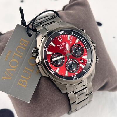 Bulova Marine Star 98B350 Chronograph Stainless Steel 43mm Red Dial Men ...